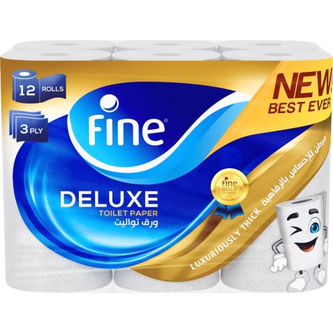 Fine Toilet paper Deluxe 140 sheets, 3 ply 12 rolls Waynik By Safco